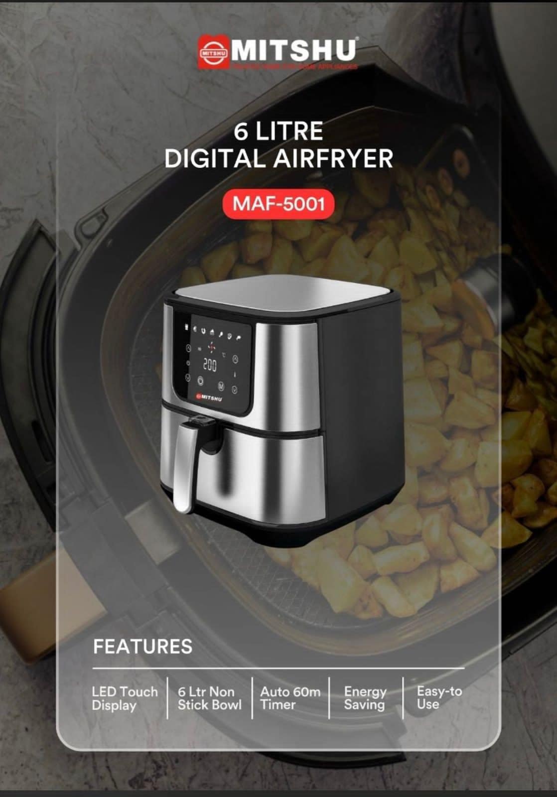 Mitshu Digital 6 Liter Automatic Air Fryer