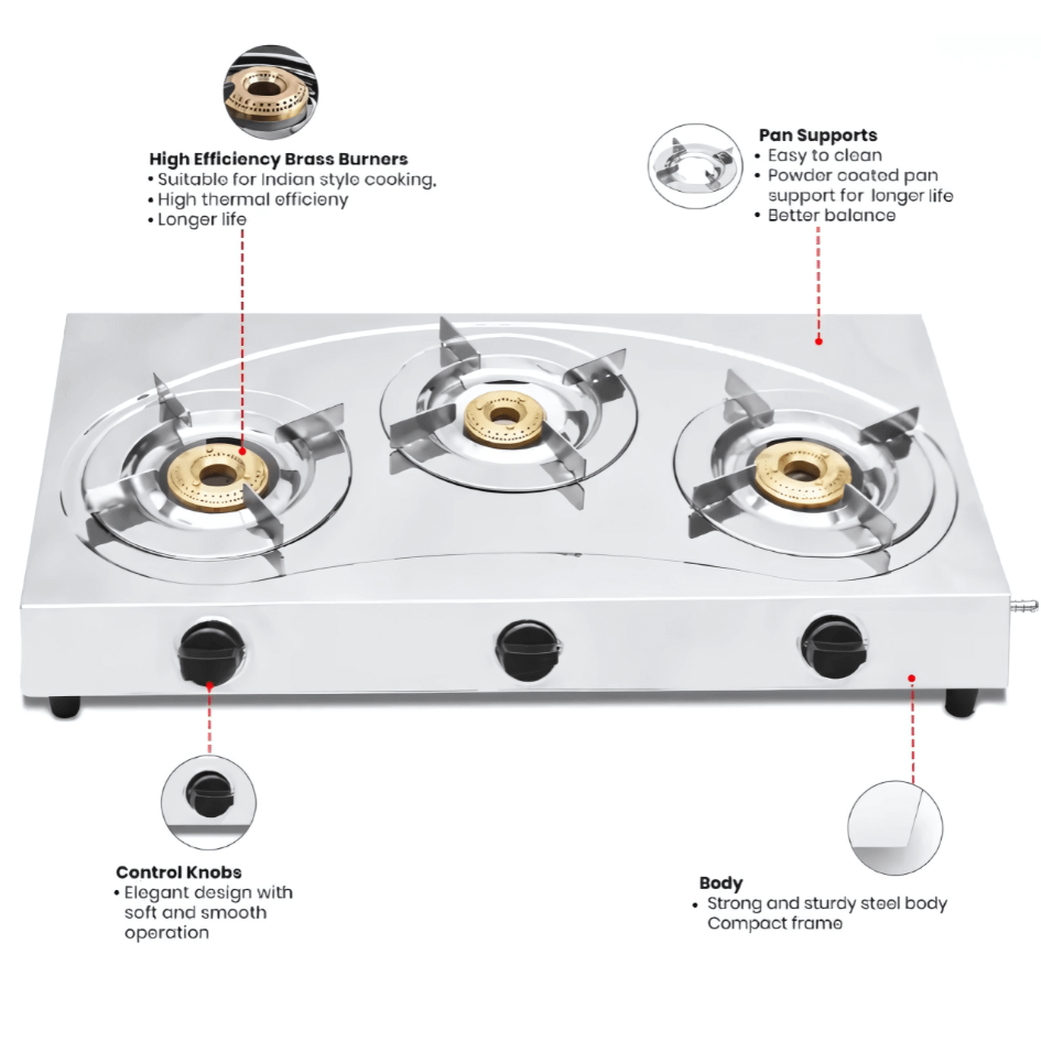 Premium Stainless Steel 3 Burner LPG Indian Gas Cooker with SS Pan Support