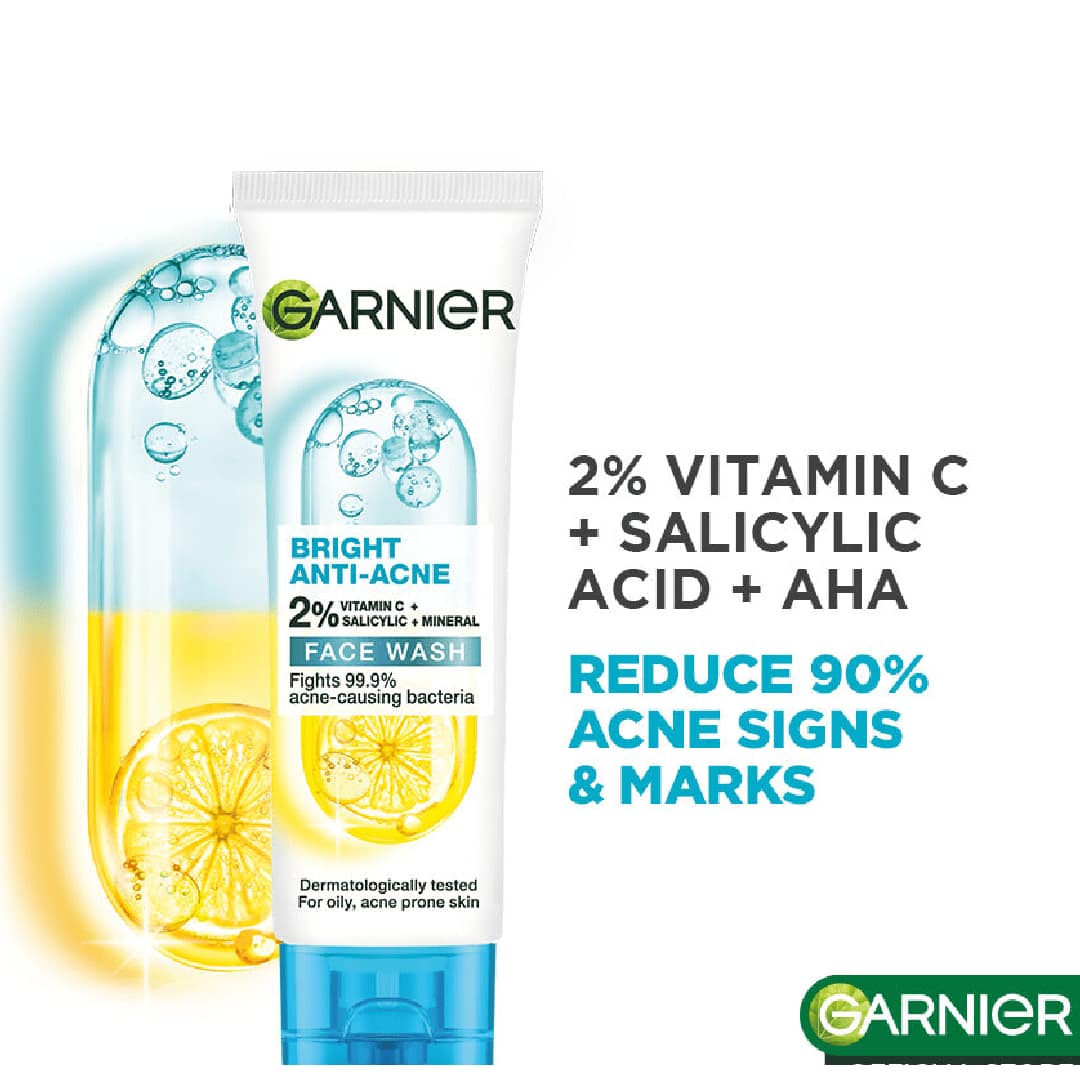 Garnier Bright Anti-Acne 2% Vitamin C + Salicylic + Mineral Face Wash ...